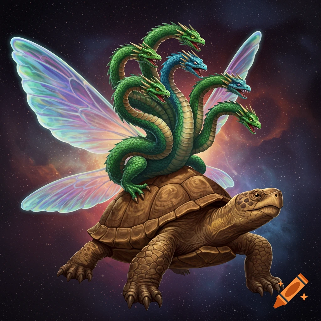 A multi-headed green hydra sits on a winged turtle flying through a ...