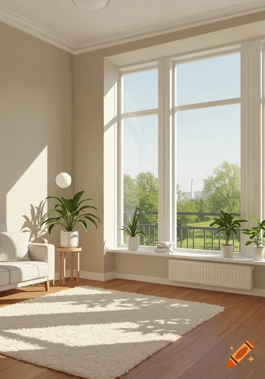 Bright Scandi style living room with large windows, plants, and sofa on ...