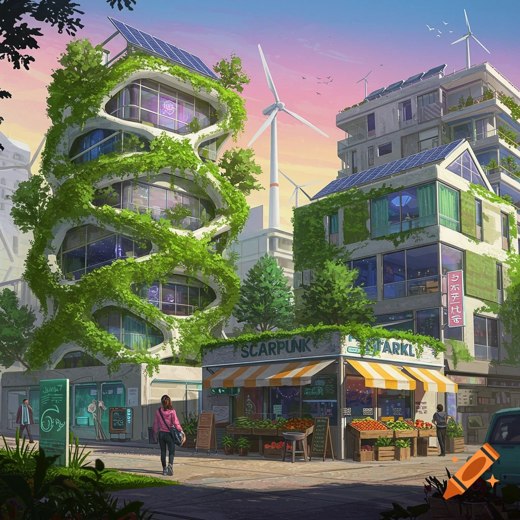 A solarpunk city street with buildings covered in green vines, solar ...