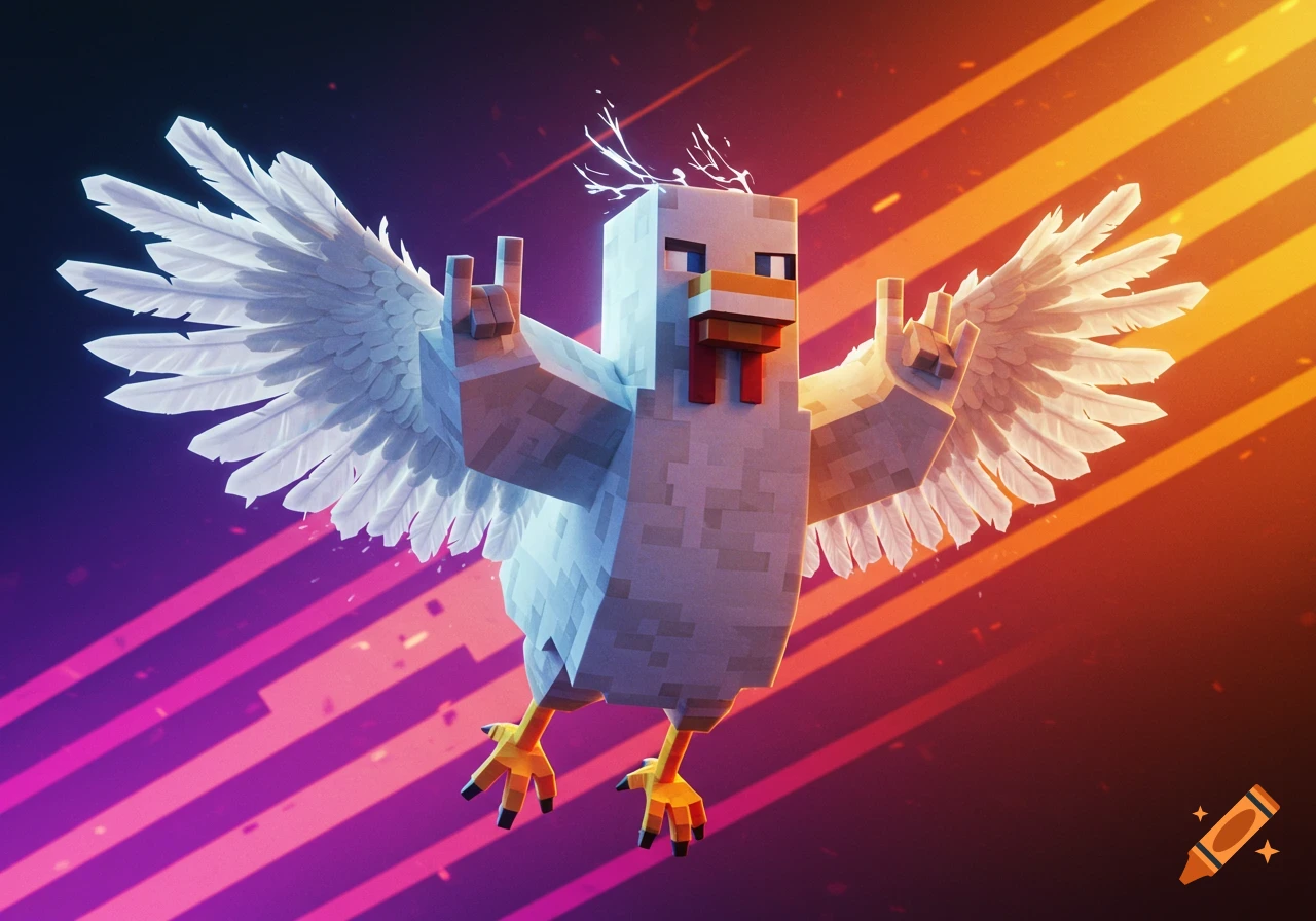 Minecraft-style blocky chicken with wings flying, making rock signs. on ...