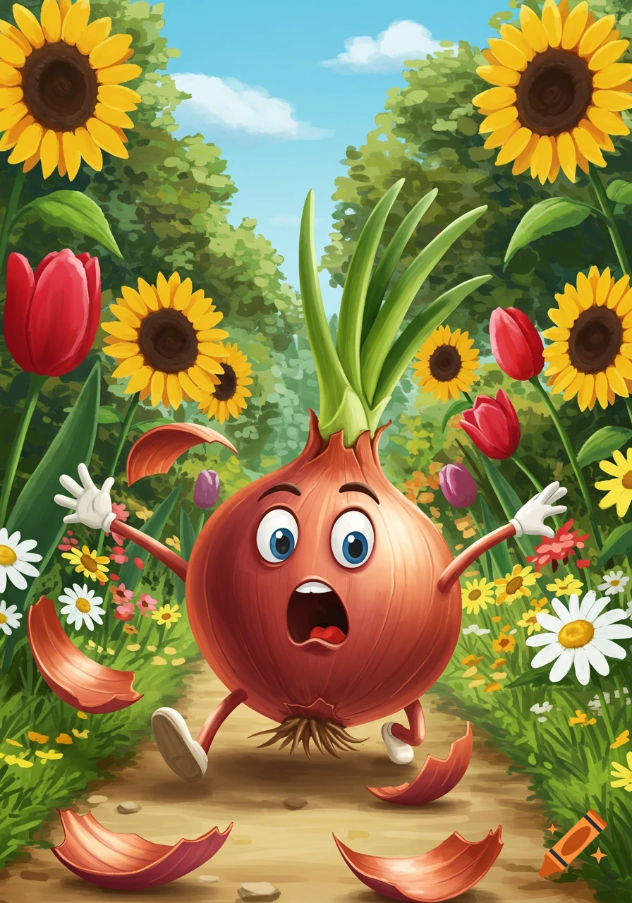 Cartoon onion character running on a garden path among flowers ...