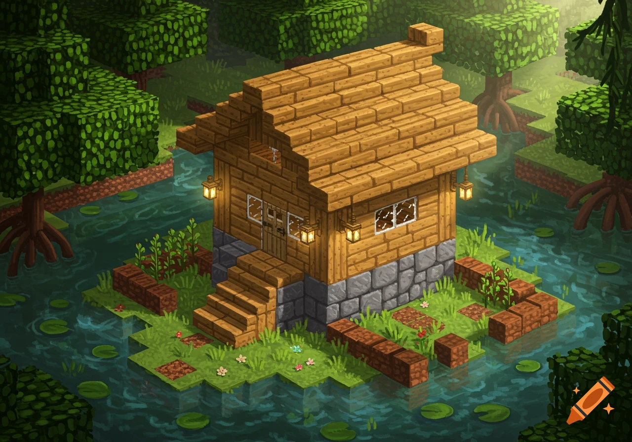 An isometric view of a blocky Minecraft house built from wood and stone ...