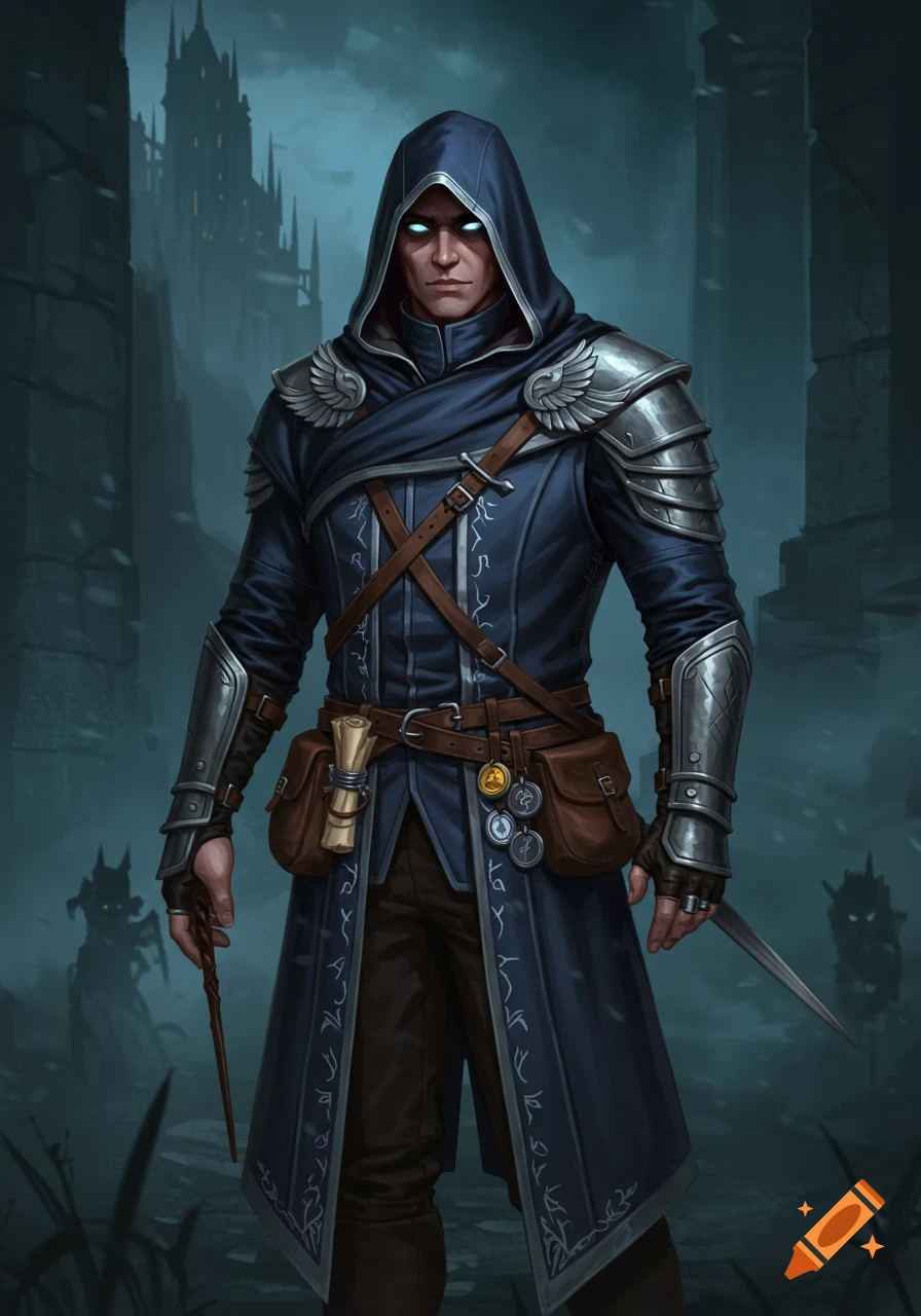 A hooded arcane soldier with glowing eyes stands before a dark castle ...