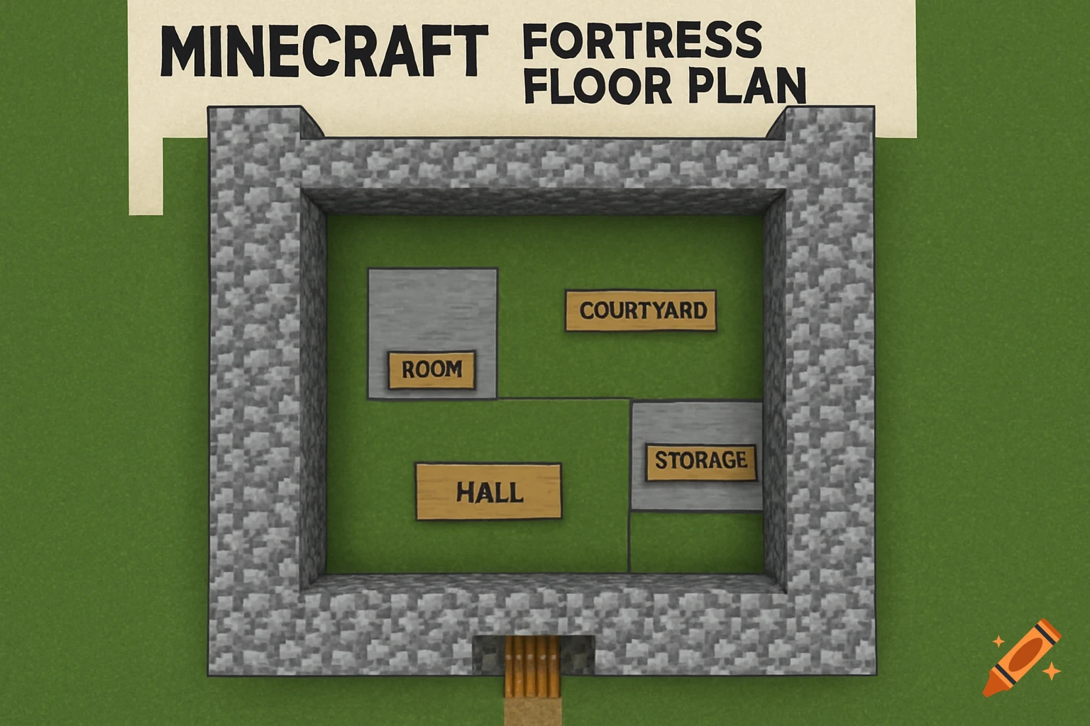 Top-down view of a Minecraft fortress floor plan with room labels. on ...