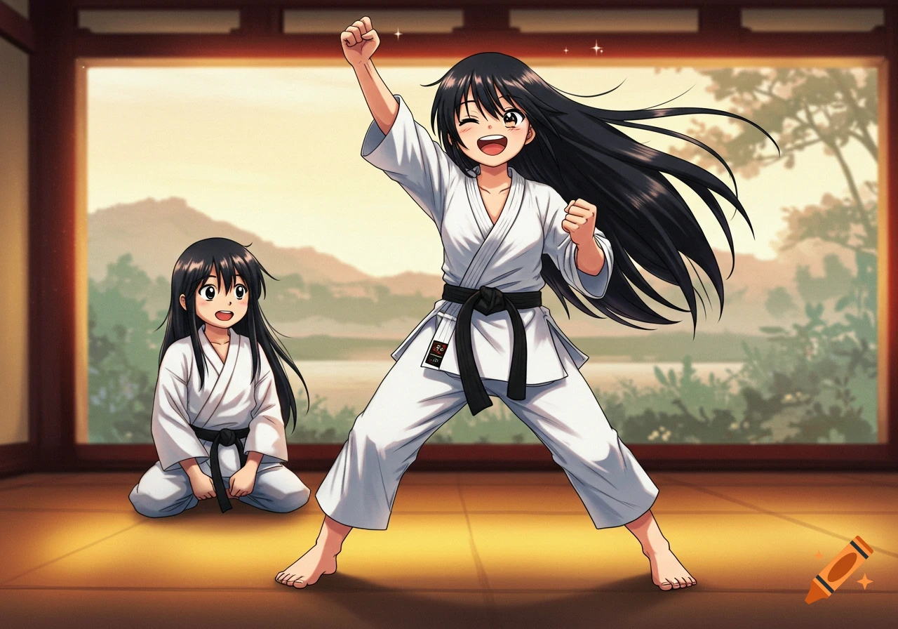 Anime girls in karate gis in a dojo. One strikes a victory pose, the ...
