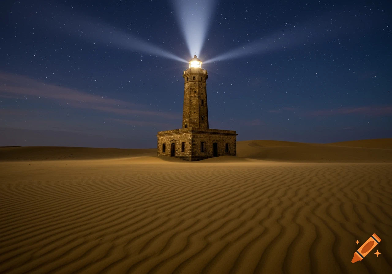 Lighthouse in a vast desert under a starry night sky with beams of ...