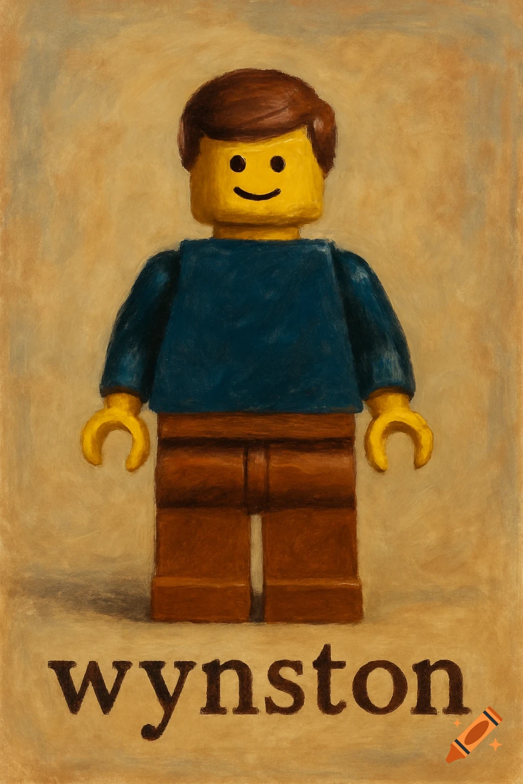 Painted portrait of a Lego minifigure with 'wynston' below it. on Craiyon
