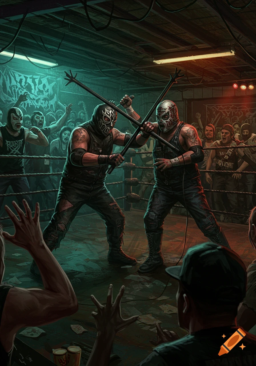 Illustration of two masked wrestlers fighting with rods in a wrestling ...