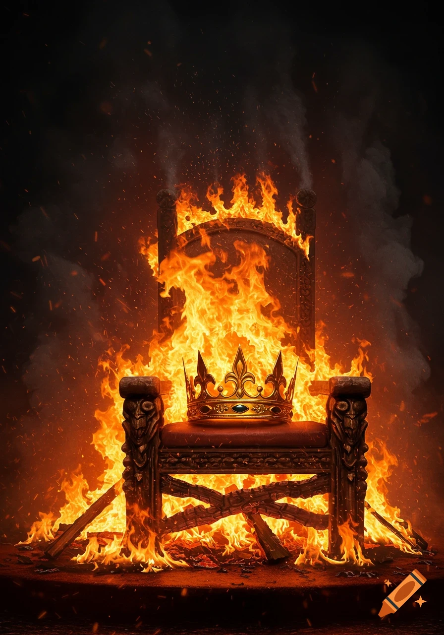 A golden crown rests on a large wooden throne engulfed in flames. on ...