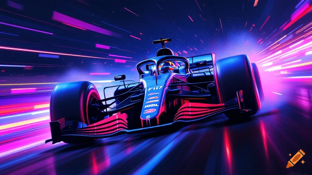 A stylized F1 car speeds through a neon-lit track at night with motion ...