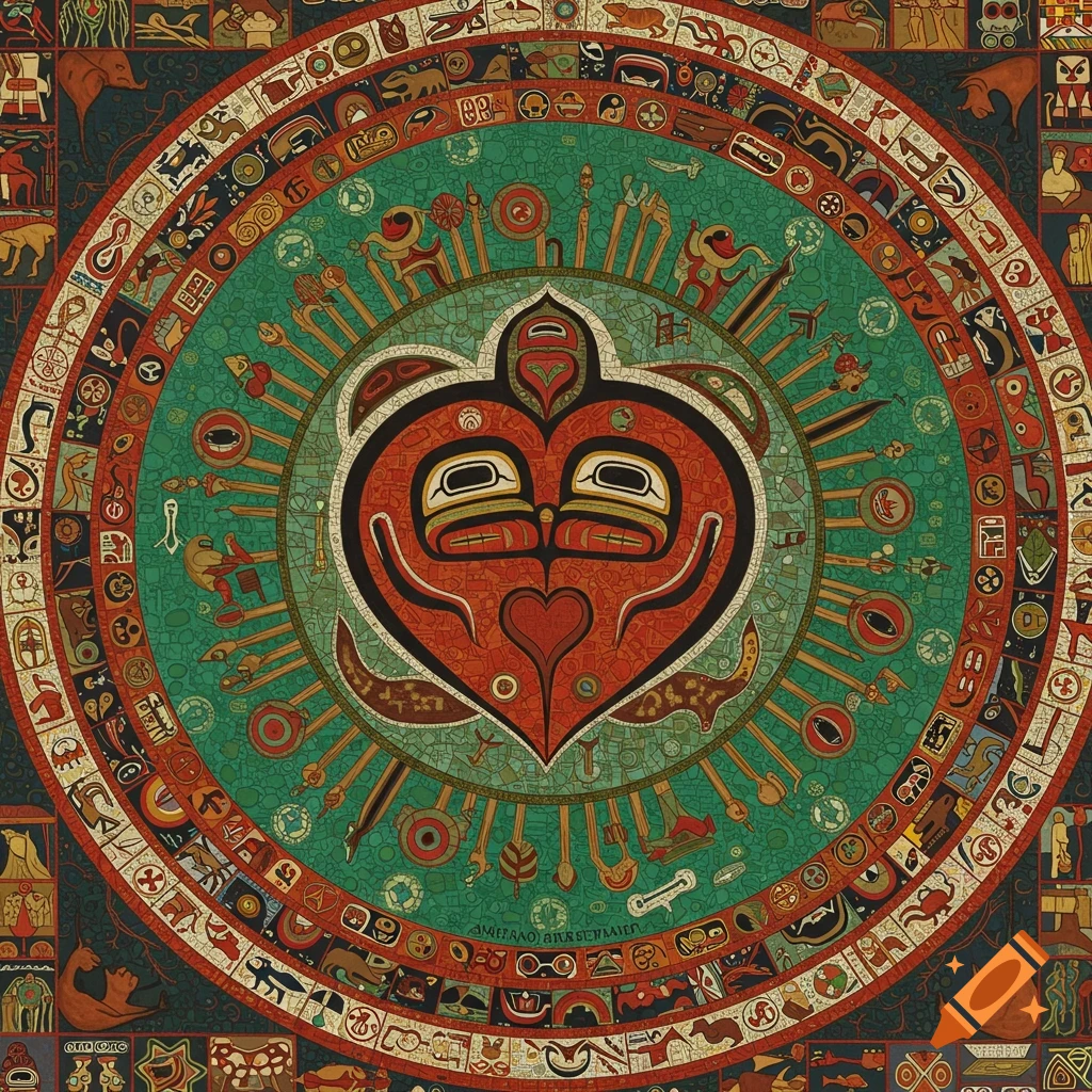 A circular mosaic pattern with a stylized heart and Native American ...