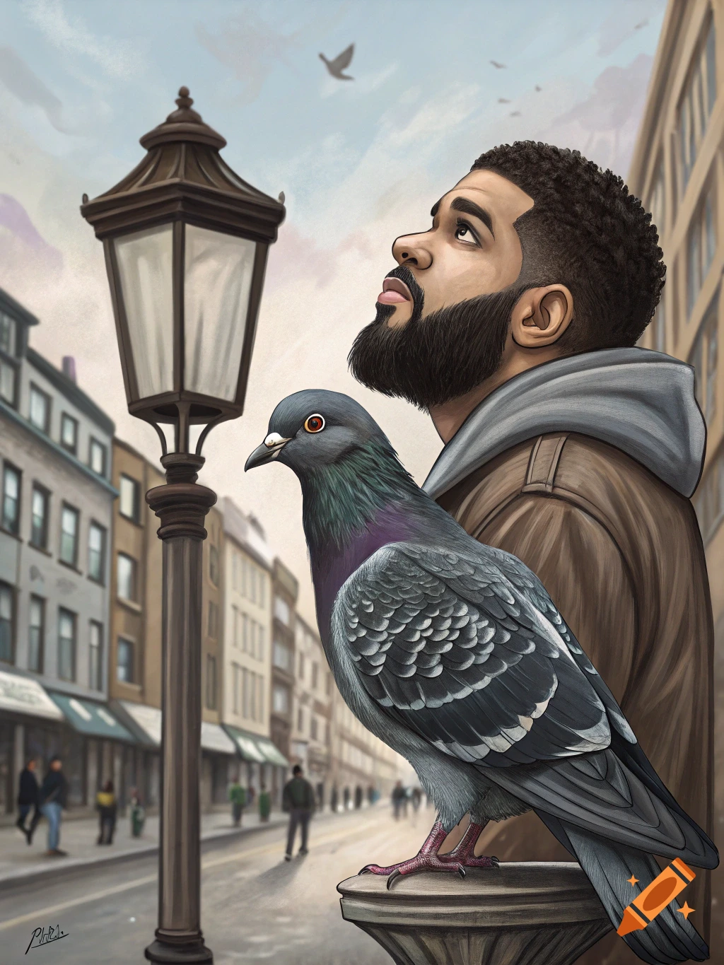 Illustration of a pigeon with a human face perched on a lamppost base ...