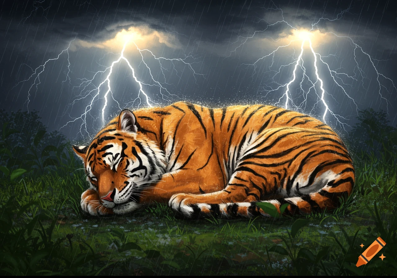 A tiger sleeps peacefully in the grass during a thunderstorm with ...