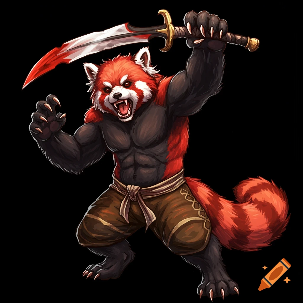 A powerful anthropomorphic red panda warrior raises a bloody sword ...
