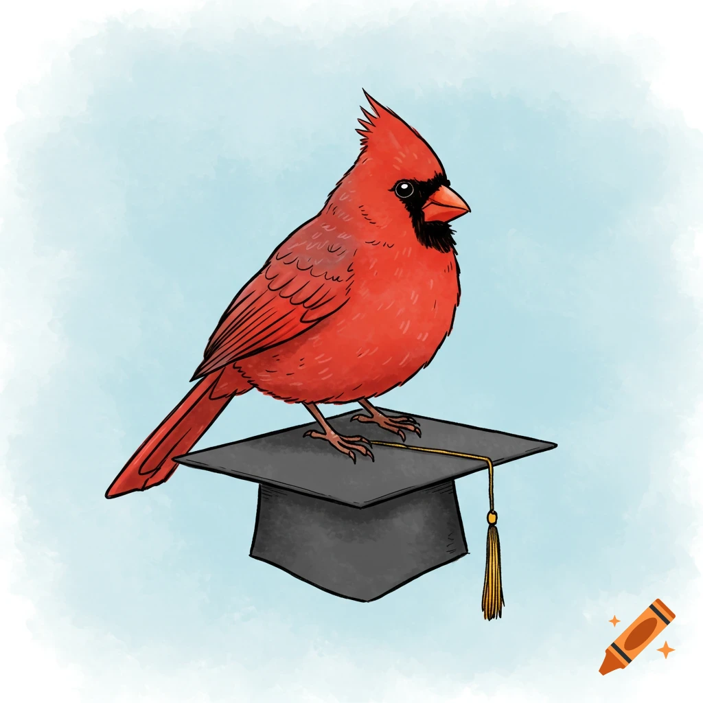 Drawing of a red cardinal bird perched on a graduation cap. on Craiyon