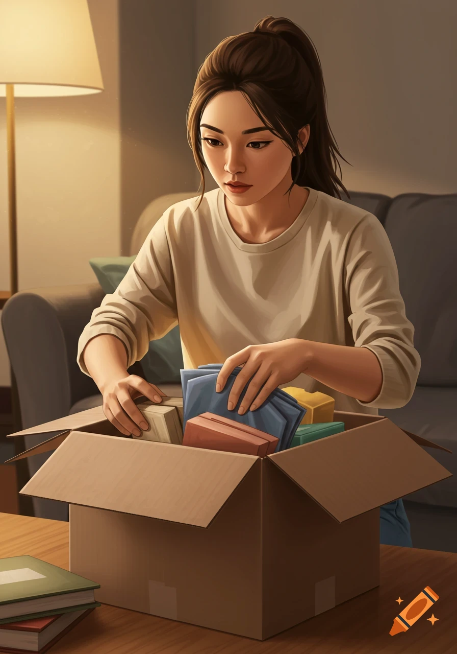An illustration of a woman packing books and items into a cardboard box ...