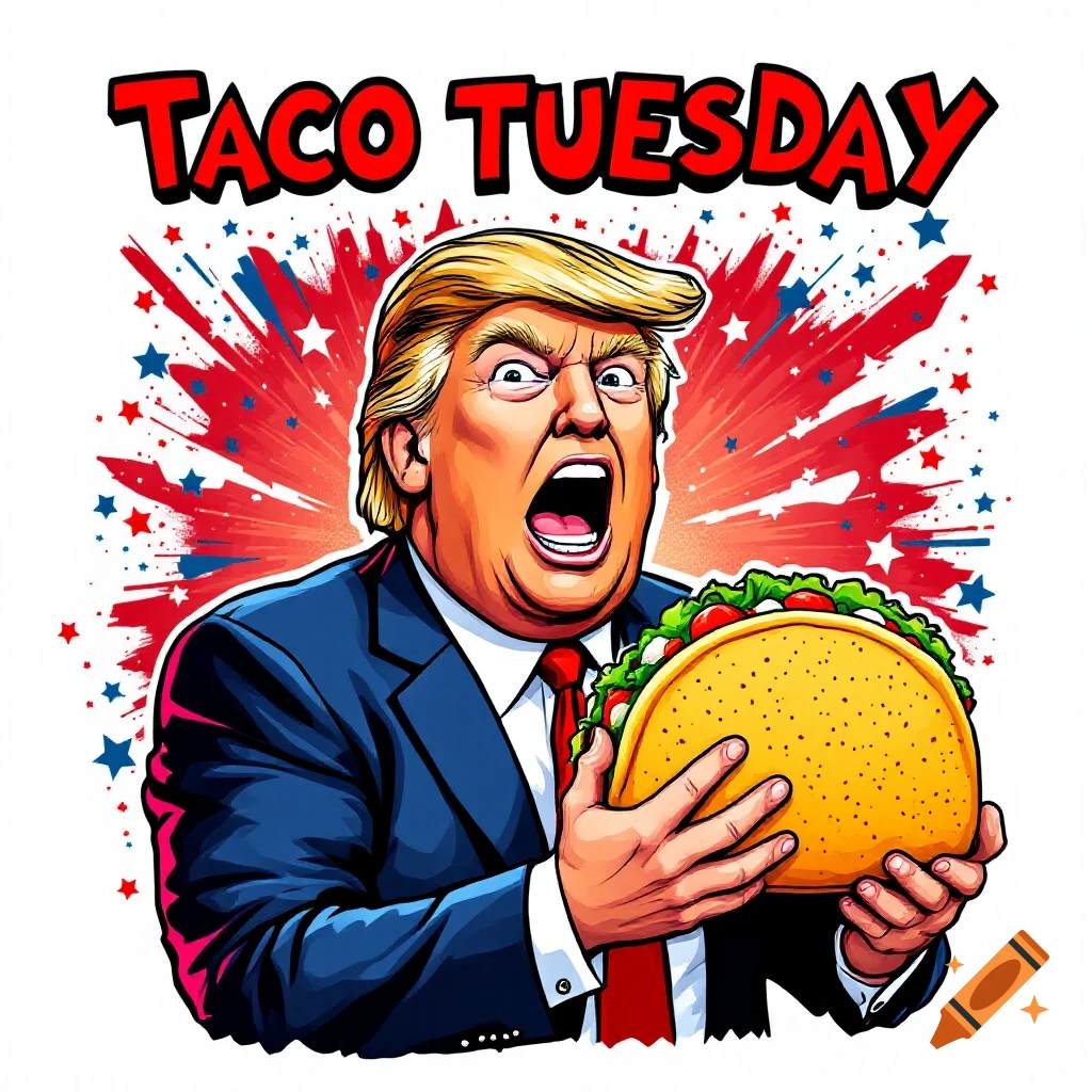 Cartoon illustration of Donald Trump holding a giant taco with 'TACO ...