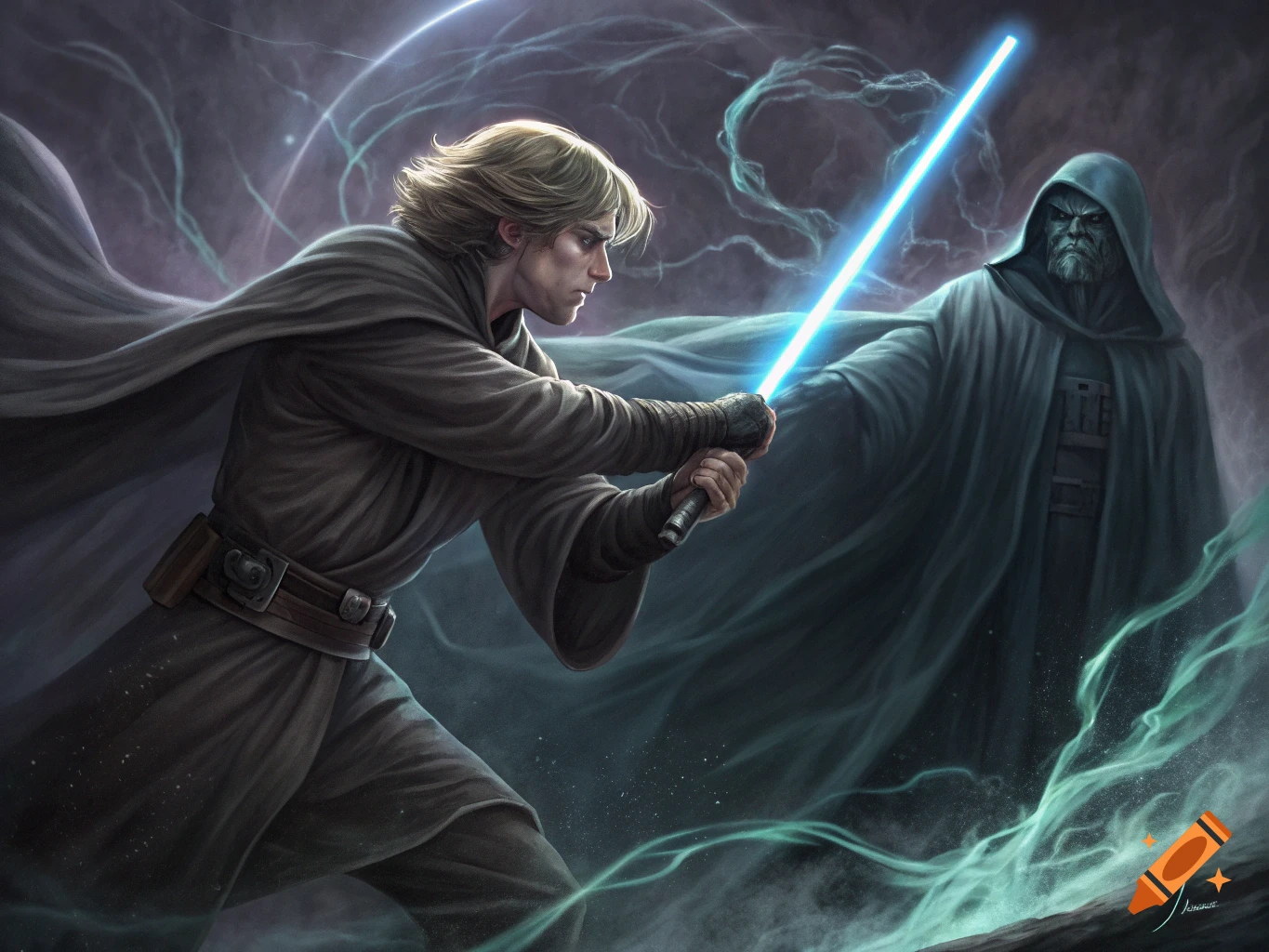 Luke Skywalker battles a hooded figure with lightsabers in a dark ...