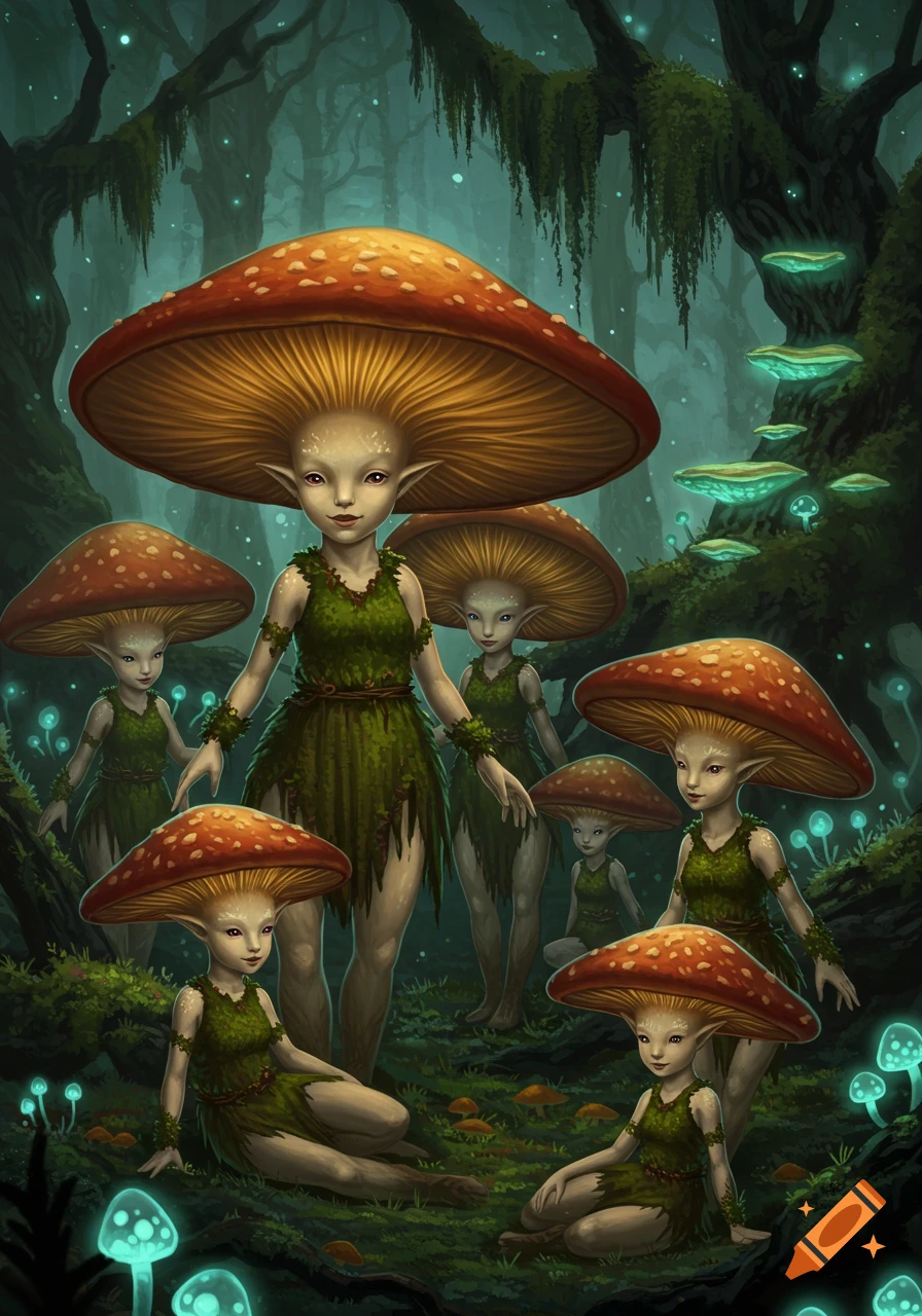 Fantasy illustration of humanoid mushroom creatures in a glowing forest ...