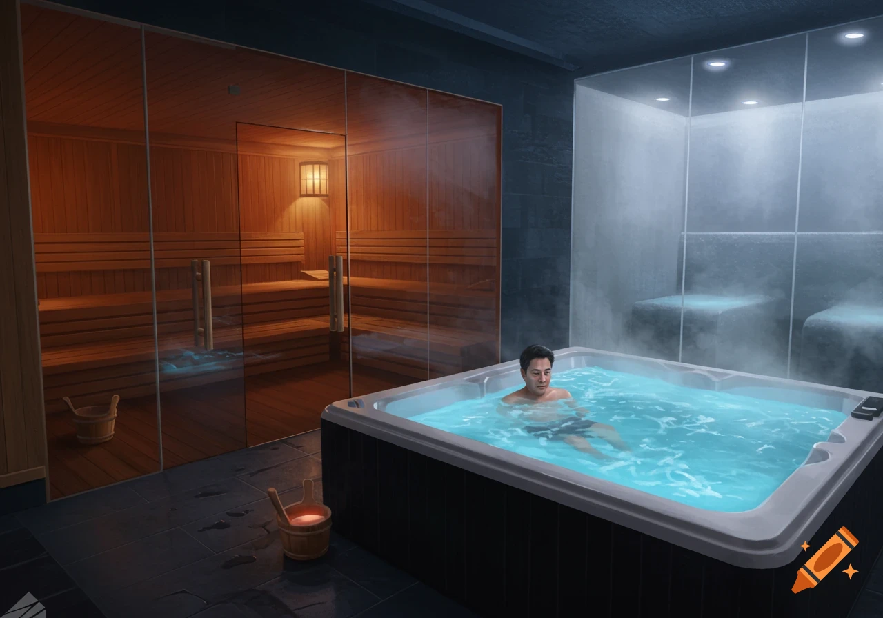 A man relaxing in a jacuzzi in a spa with a sauna and steam rooms. on ...