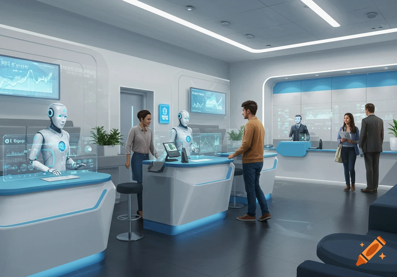Futuristic bank office with robot tellers assisting customers and human ...