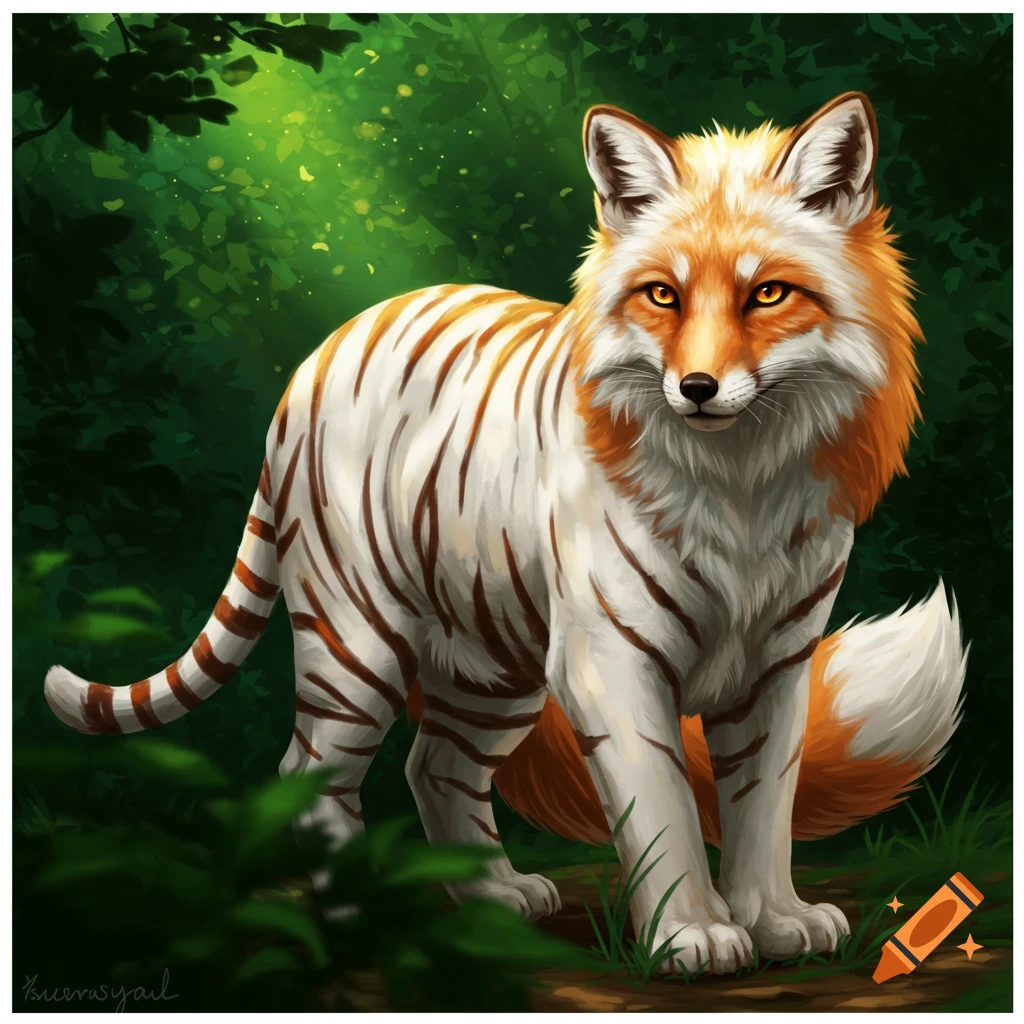 A white tiger and fox hybrid creature stands in a forest. on Craiyon
