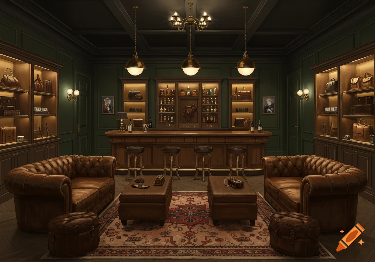 Luxurious masculine bar and lounge with leather sofas, wood bar, and ...