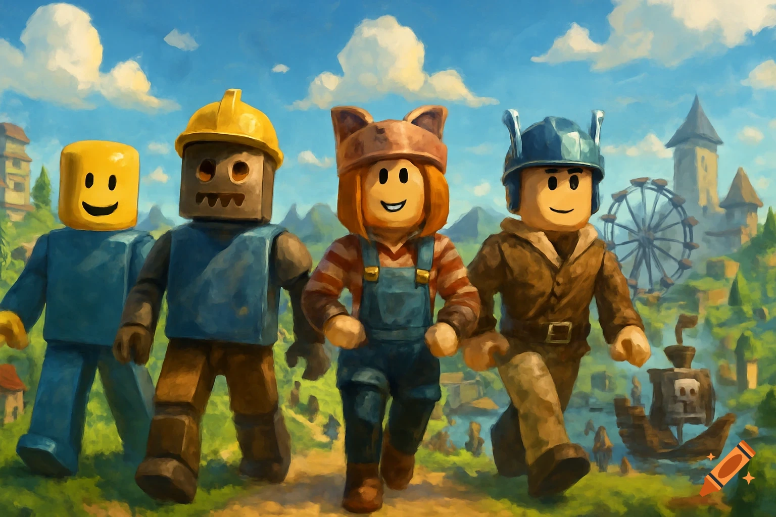 Four stylized Roblox characters walk in a colorful painterly fantasy ...