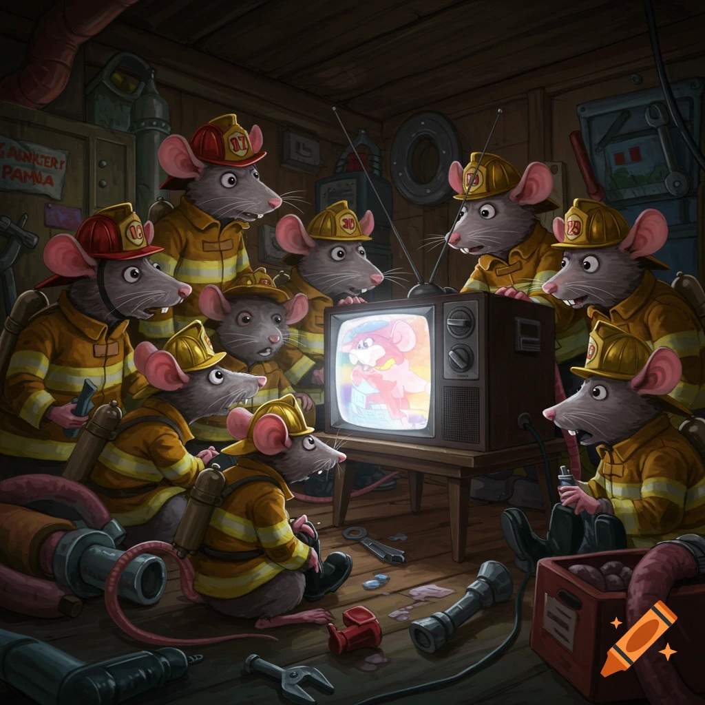 Anthropomorphic firefighting rats watch television in a cluttered room ...