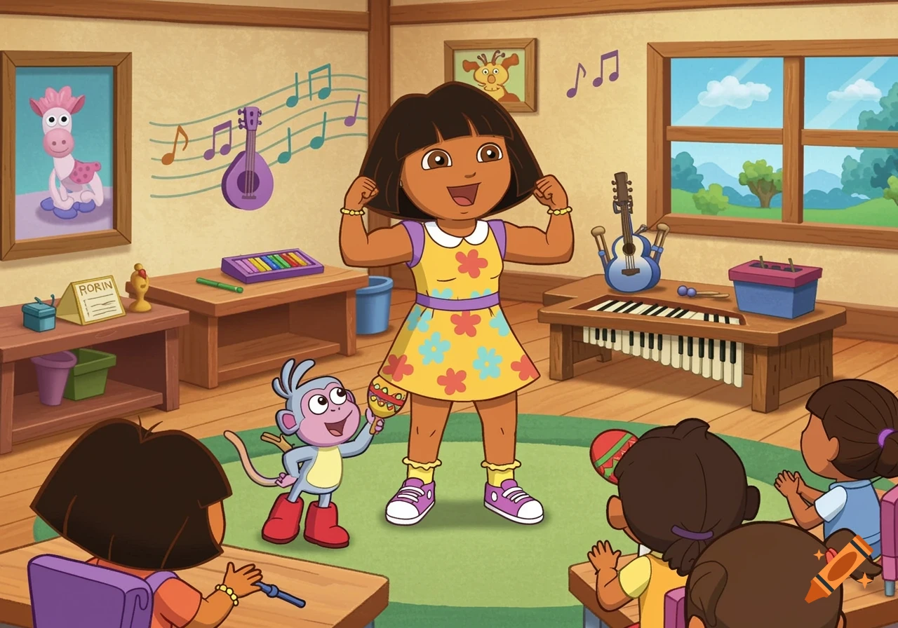 Cartoon of Dora the Explorer flexing muscles in a music classroom with ...