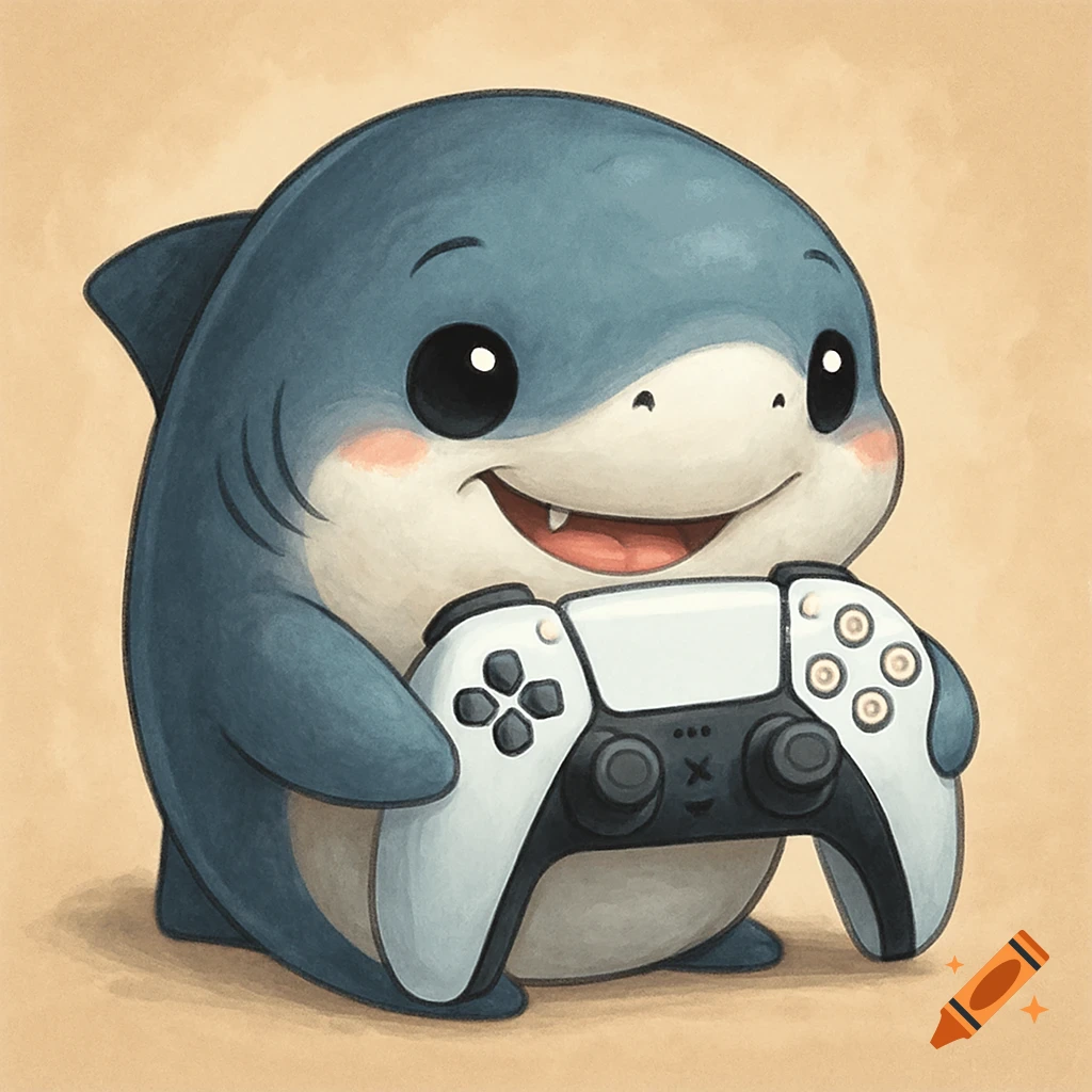 A cute cartoon shark holds a video game controller. on Craiyon