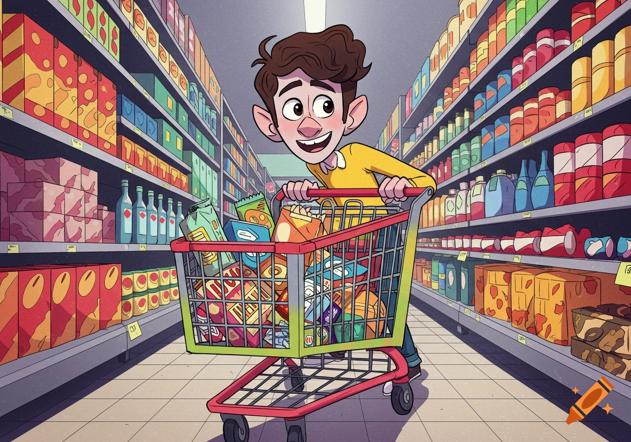 Cartoon boy pushing a full shopping cart down a grocery store aisle. on ...