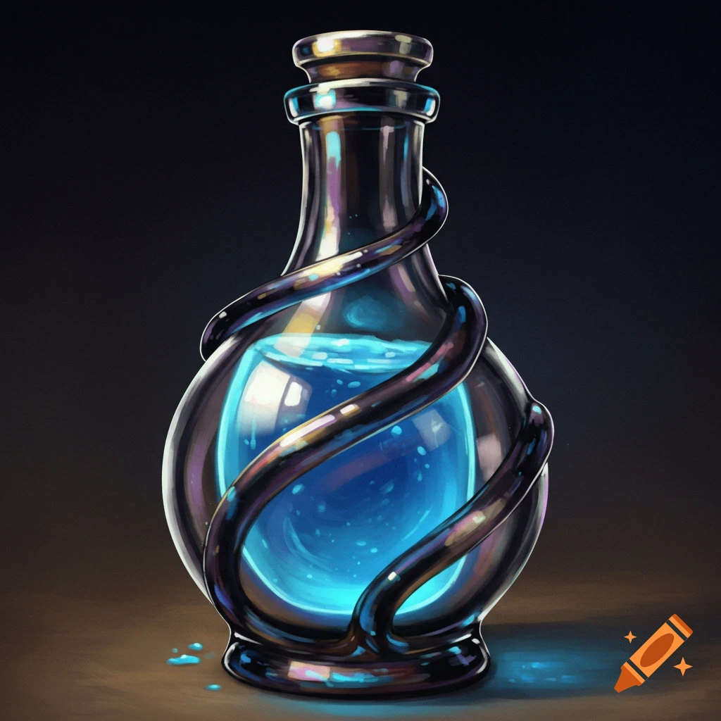 Illustrated dark bottle with blue glowing liquid wrapped in a tendril ...