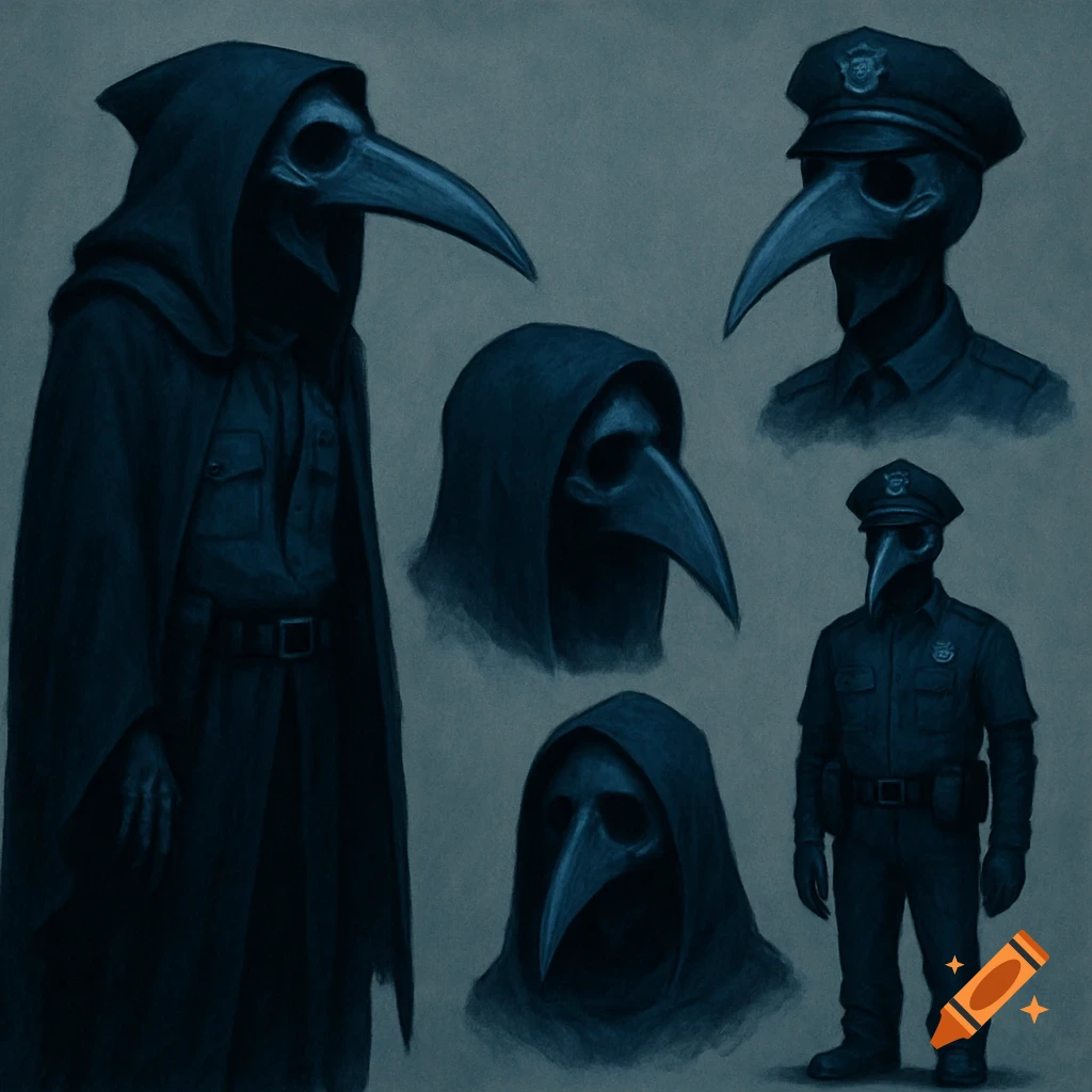 Character design sheet of figures wearing plague doctor masks and police uniforms, sketchy ...