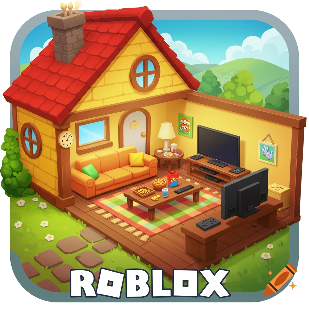 Stylized illustration of a cartoon house cutaway with furniture, garden ...