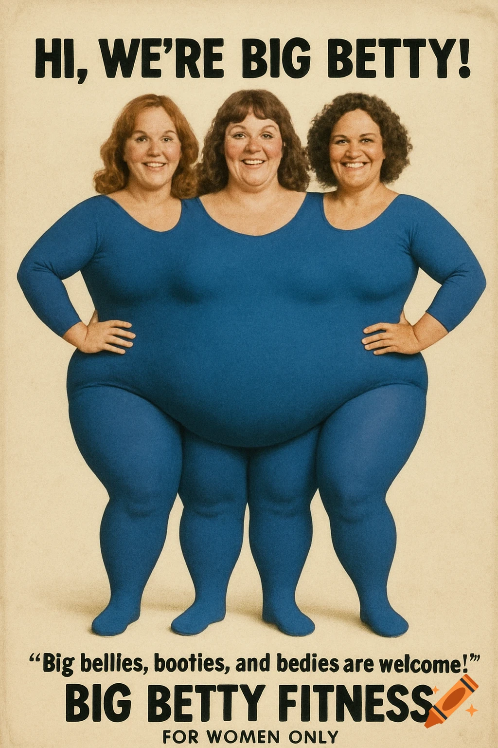 Three women merged into one body wearing a blue leotard pose like a ...