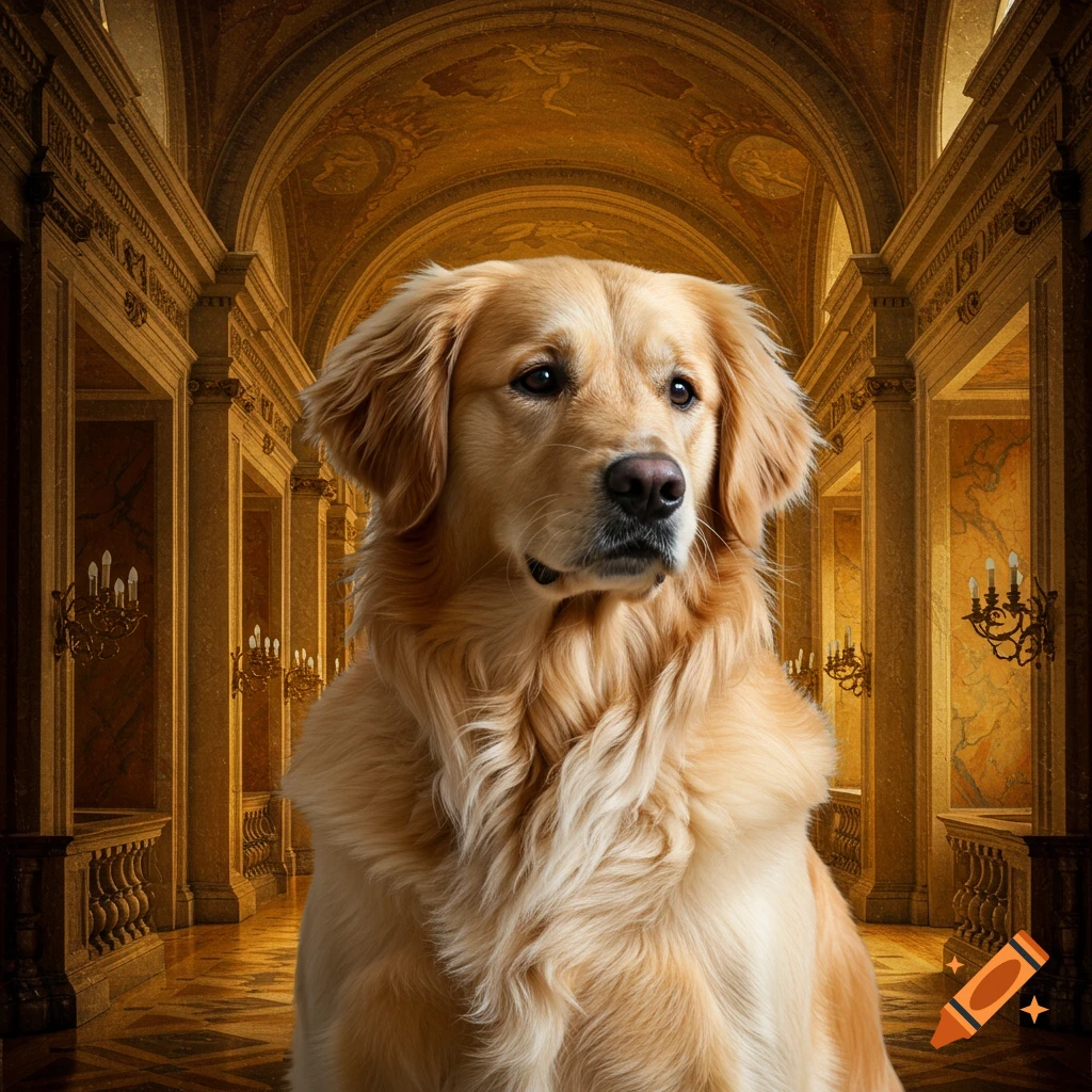 A golden retriever dog stands in a grand, opulent hallway. on Craiyon