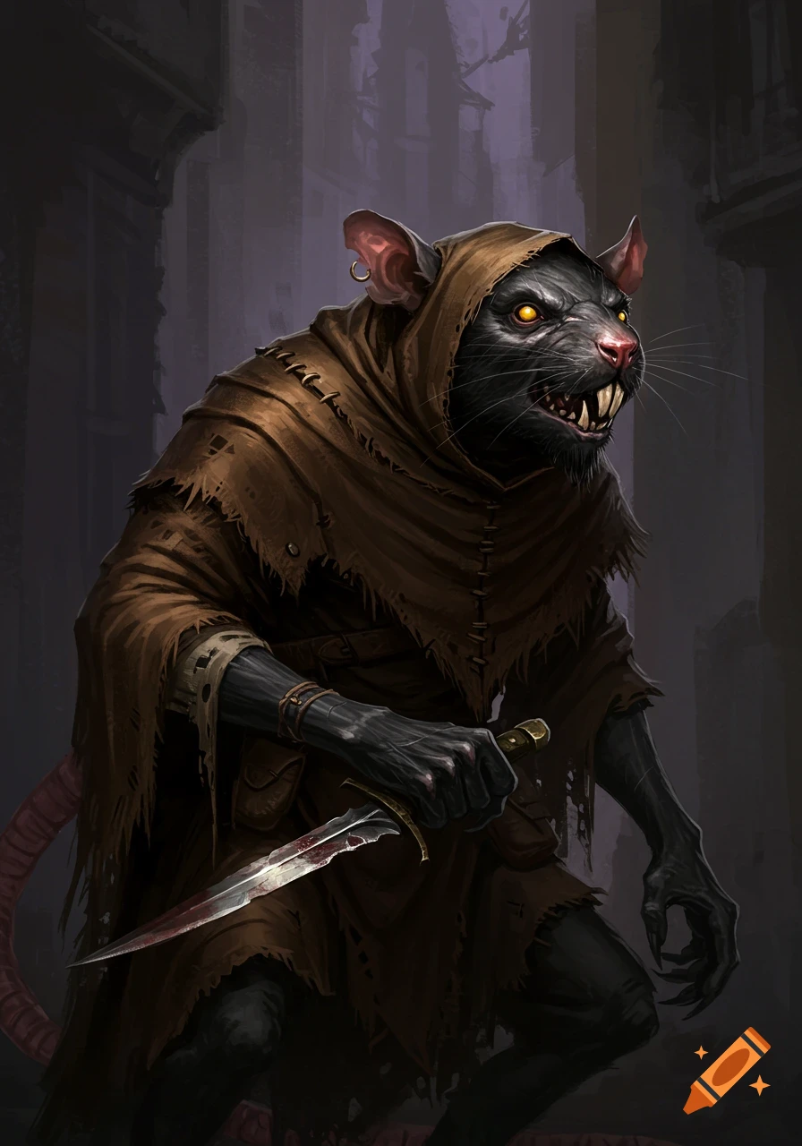 A black humanoid rat creature wearing a ragged brown cloak holds a ...