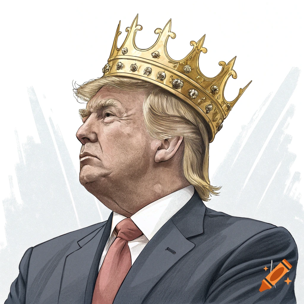 Portrait of Donald Trump wearing a gold crown in an illustrative style ...