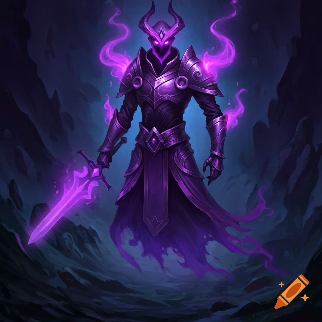 A purple spectral warrior with glowing eyes and sword stands in a dark ...