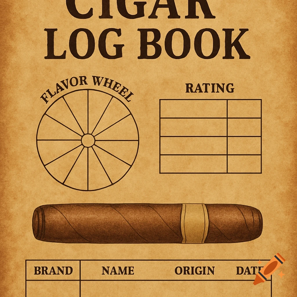 Vintage cigar log book layout on parchment paper with sections for ...