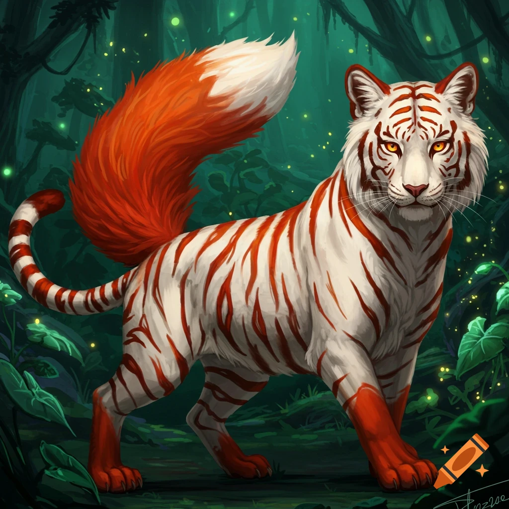 A white tiger and fox hybrid stands in a dense, glowing jungle. on Craiyon