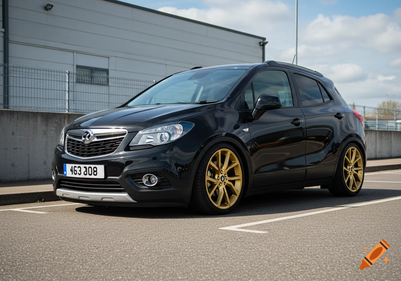 A black Opel/Vauxhall Mokka with gold wheels parked on Craiyon