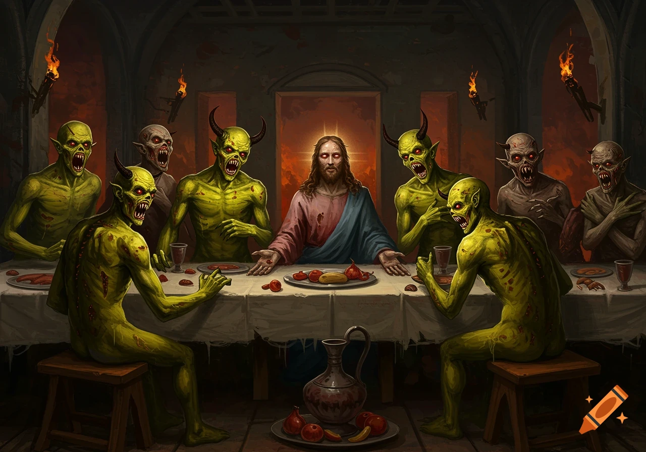 Demonic version of the Last Supper with Jesus at a table surrounded by ...