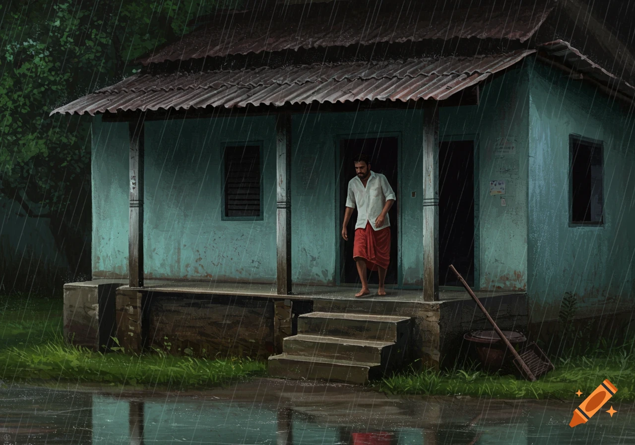 A man leaves a rural house onto a verandah in the heavy rain. Realistic ...