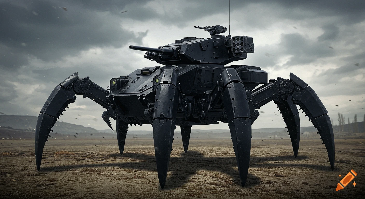 A realistic jet black spider tank stands on barren ground under a ...