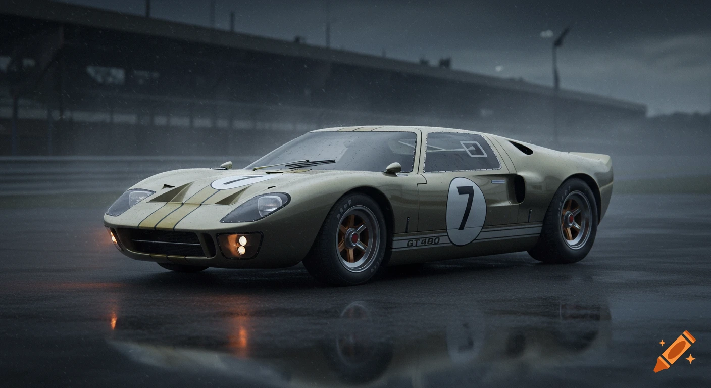 A photorealistic image of a vintage gold Ford GT40 race car with the ...