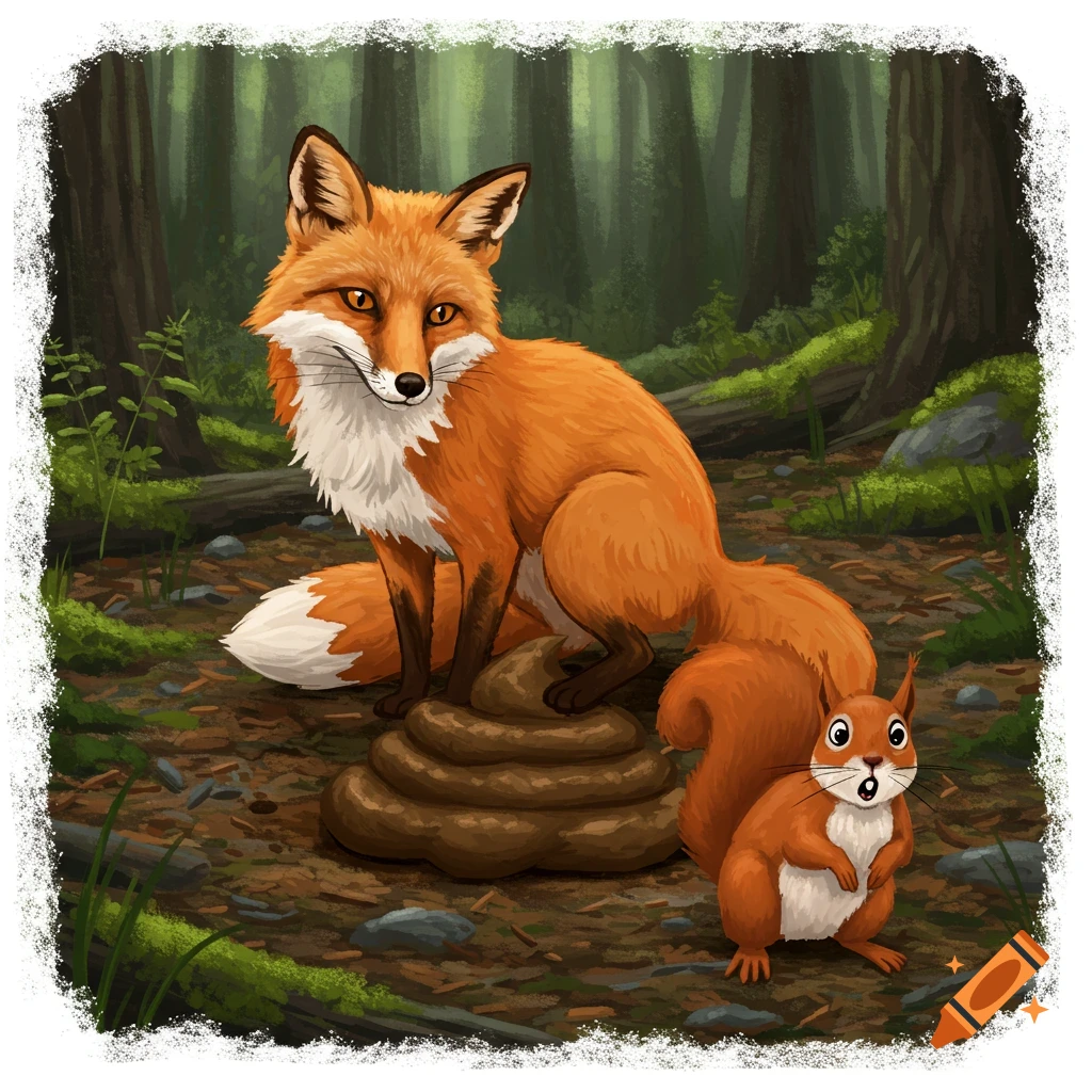 An illustration of a fox standing on a pile of feces next to a ...