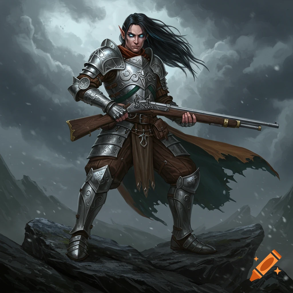 Fantasy warrior in armor holding a musket on a rocky mountain. on Craiyon