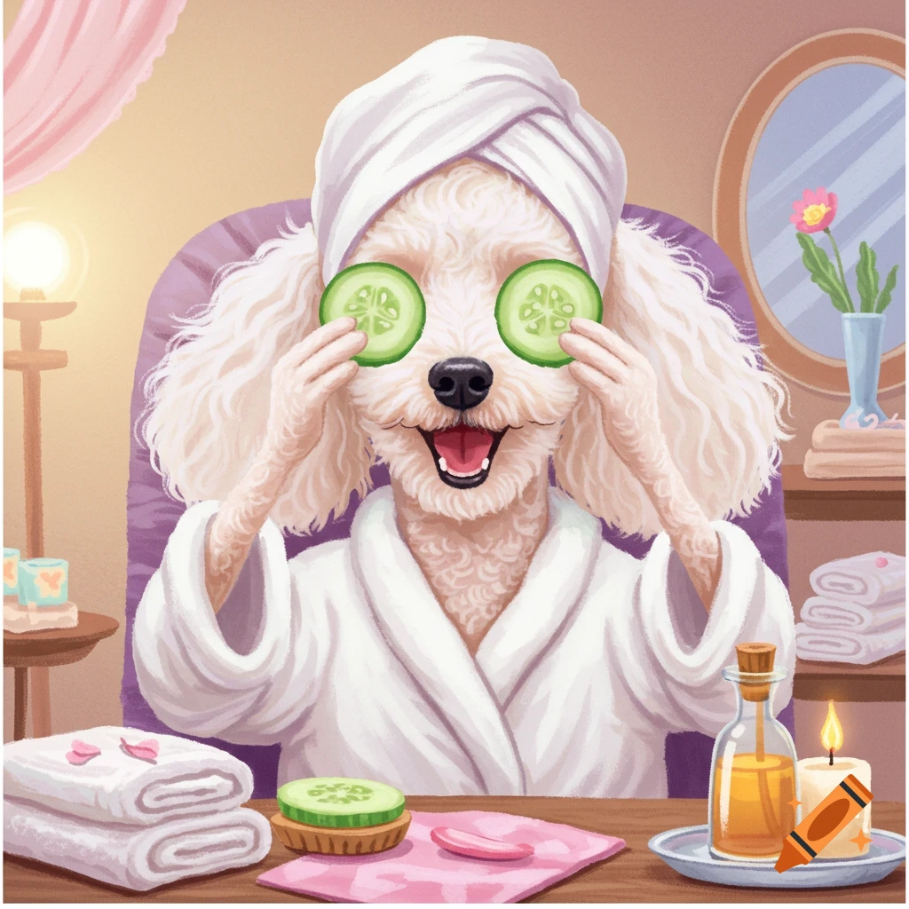 An anthropomorphized poodle relaxes at a spa, wearing a robe and towel ...